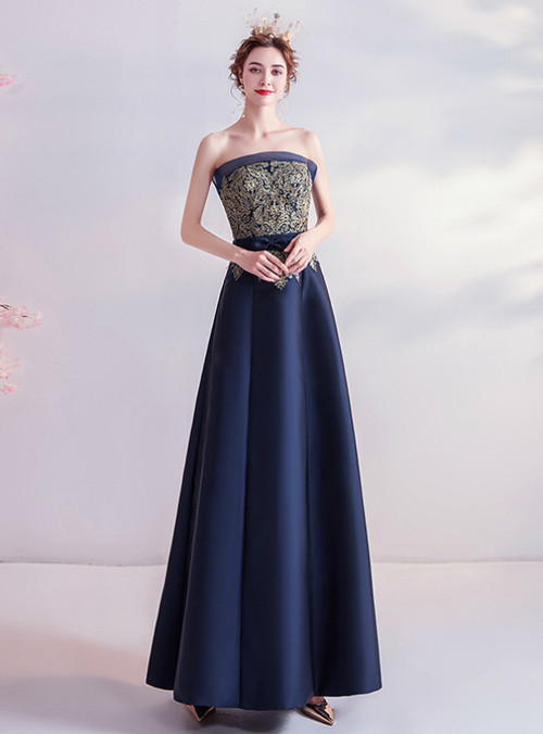 In Stock:Ship in 48 Hours Navy Blue Satin Strapless Prom Dress 2020