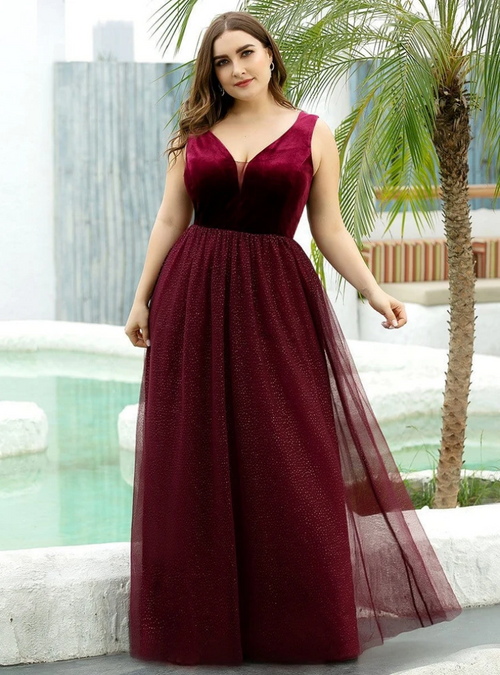Available In Sizes 0-24 Burgundy Tulle Velvet V-neck Plus Size Prom Dress