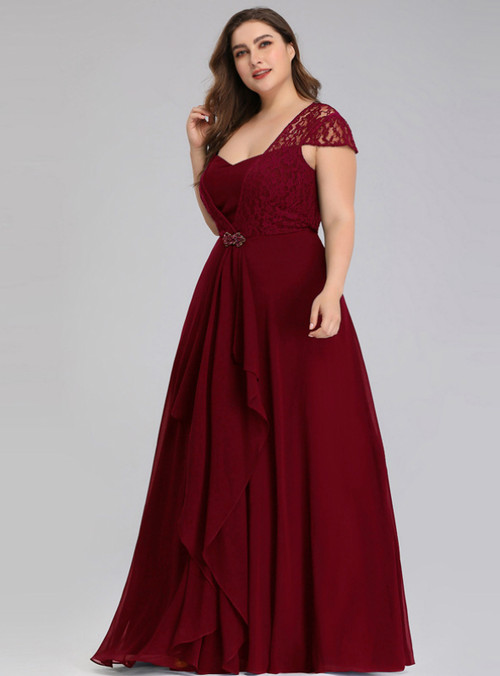 Is Now Available. Burgundy Lace Chiffon Square Cap Sleeve Plus Size ...