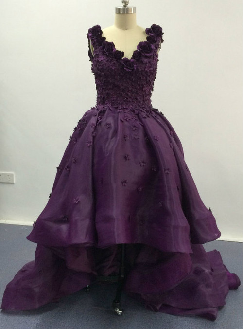 Elegant Purple Deep V Neck Appliqued Floral Short Front Long Back High ...