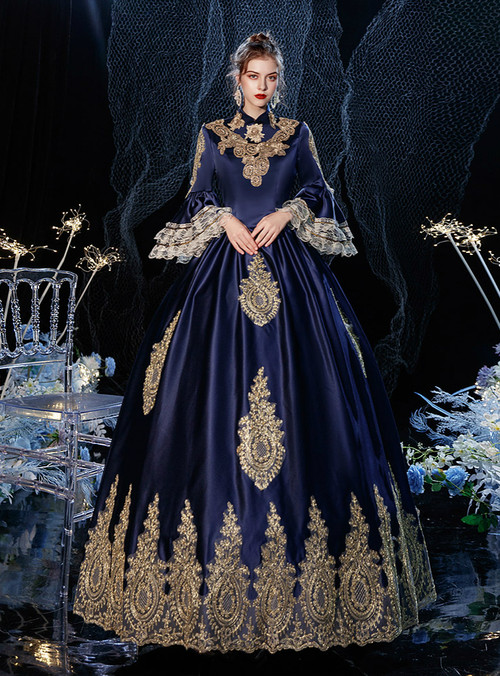 Navy Blue Satin Appliques Long Sleeve Antonietta Rococo Baroque ...
