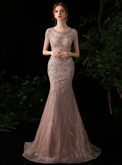 Lotus Color Mermaid Tulle Cap Sleeve Beading Prom Dress