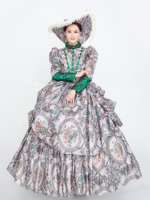 Gray Satin Print High Neck Long Sleeve Rococo Baroque Dress