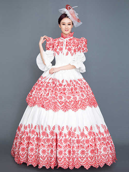 Red White Long Sleeve High Neck Victorian Vintage Dress