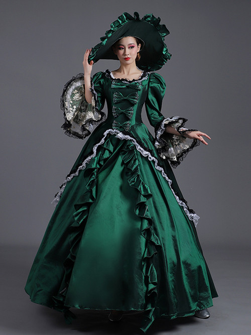 Green Satin Lace Long Sleeve Bow Rococo Baroque Dress