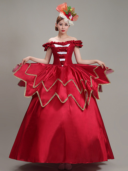 Red Satin Off the Shoulder Rococo Baroque Dress