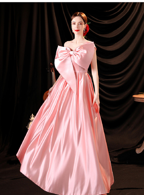 In Stock:Ship in 48 Hours Pink Satin One Shoulder Bow Prom Dress