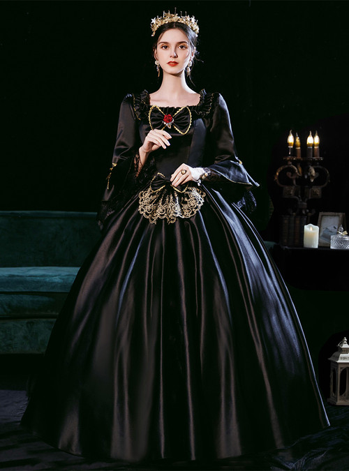 Black Satin Square Long Sleeve Bow Rococo Baroque Dress