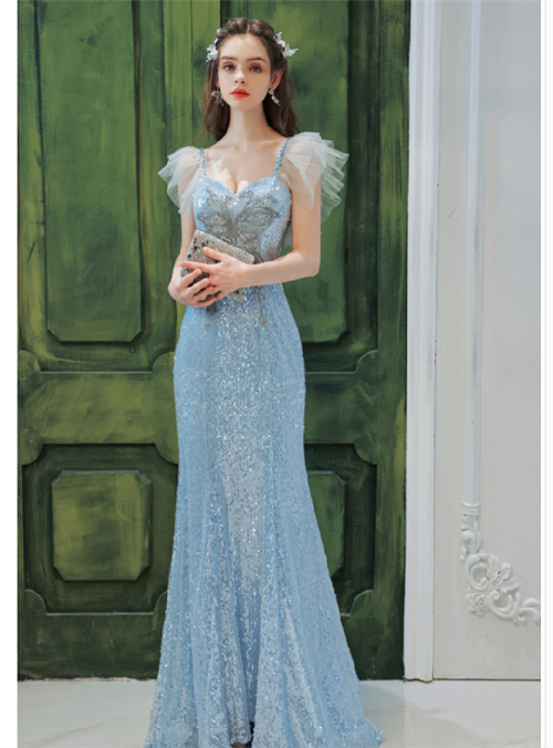 In Stock:Ship in 48 Hours Blue Mermaid Sequins Beading Prom Dress