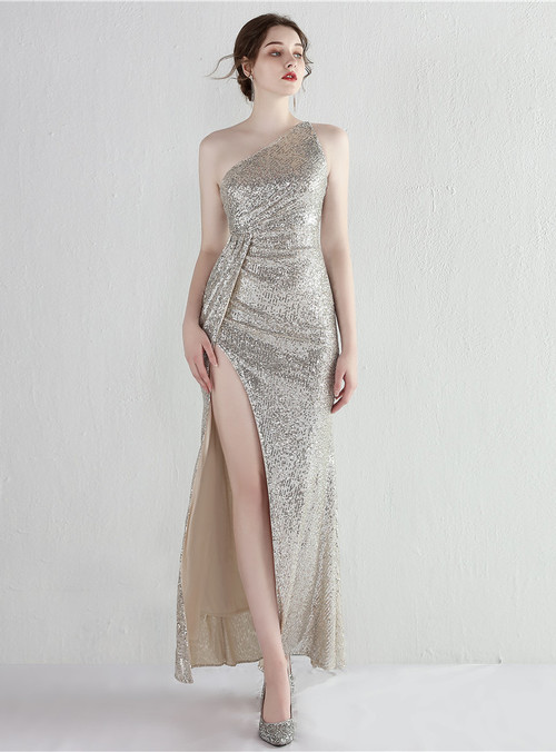 In Stock:Ship in 48 Hours Silver Sequins One Shoulder Party Dress