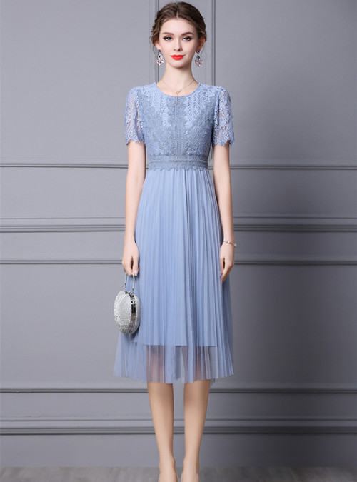 Light Blue Tulle Lace Short Sleeve Mother Of The Bride Dress