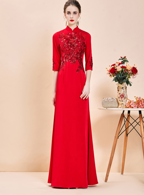 Red High Neck Short Sleeve Appliques Mother Of The Bride Dress