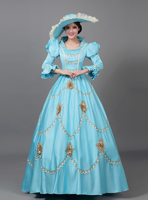 Blue Satin Long Sleeve Flower Rococo Baroque Dress