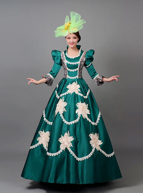 Dark Green Satin Long Sleeve Flower Vintage Rococo Dress
