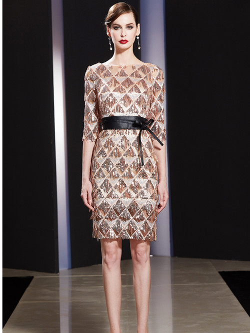 Gold Sequins Short Sleeve Mini/Short Mother Of The Bride Dress
