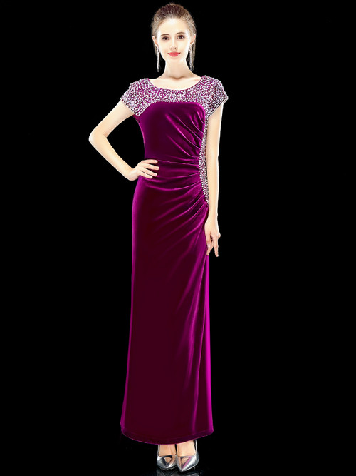 Purple Velvet Cap Sleeve Beading Mother Of The Bride Dress