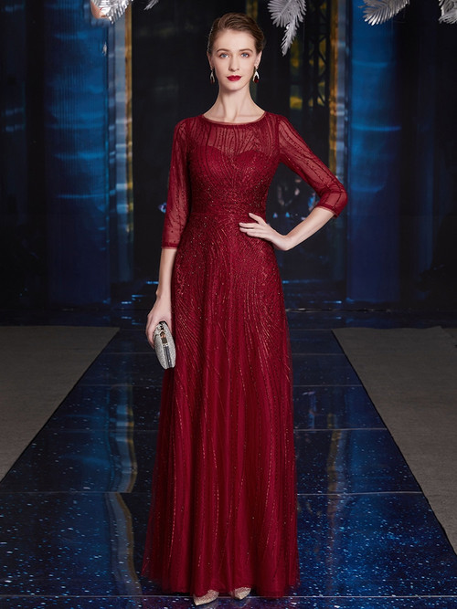 Burgundy Tulle 3/4 Sleeve Mother Of The Bride Dress