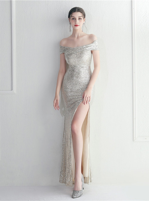 In Stock:Ship in 48 Hours Apricot Silver Sequins Off the Shoulder Split ...