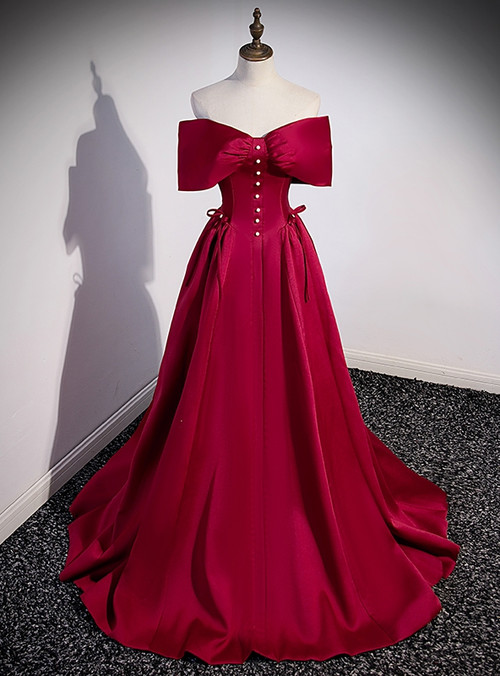 A Line Burgundy Satin Off The Shoulder Pearls Prom Dress