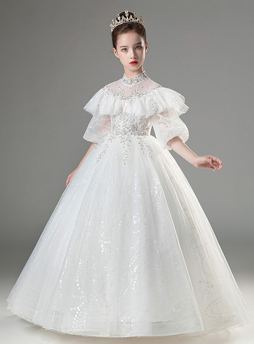 White Tulle Sequins Beading Princess Flower Girl Dress