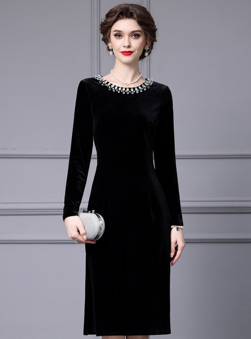 Black Long Sleeve Velvet Beading Mother Of The Bride Dress