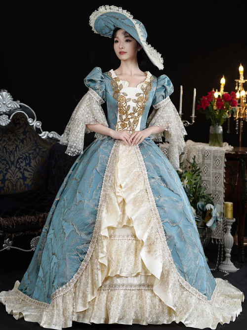 Champagne Blue Lace Short Sleeve Rococo Baroque Vintage Dress