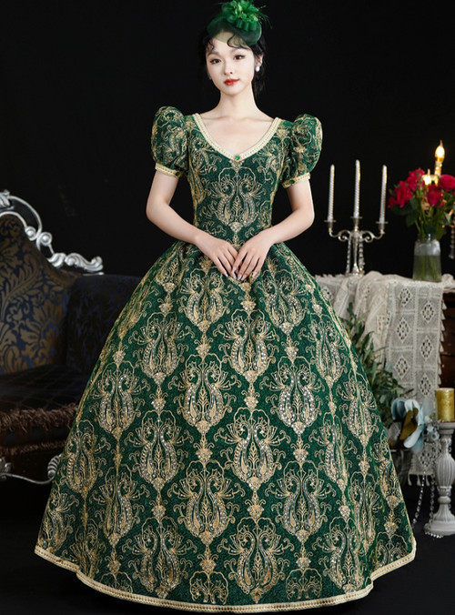 Green V-neck Short Sleeve Rococo Baroque Dress
