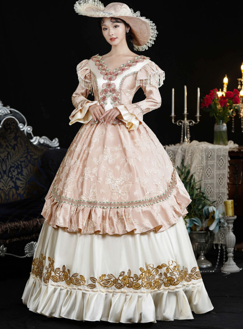 Pink Long Sleeve V-neck Appliques Rococo Baroque Dress