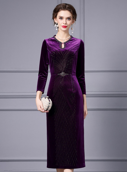Purple Velvet Long Sleeve Beading Mother Of The Bride Dress