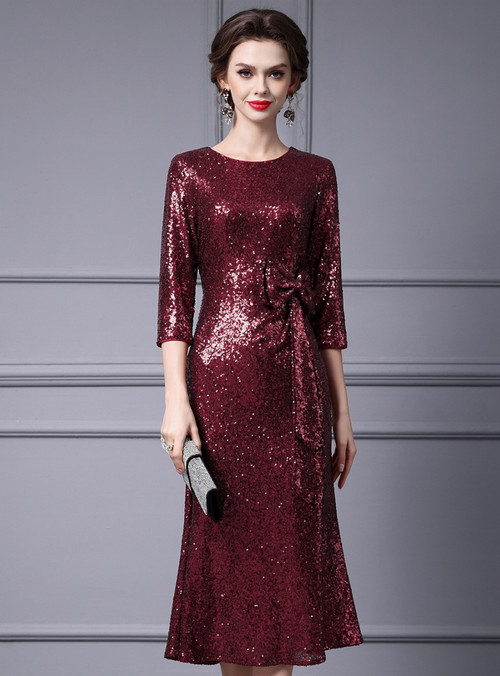 Burgundy Sequins Short Sleeve Bow Mother Of The Bride Dress