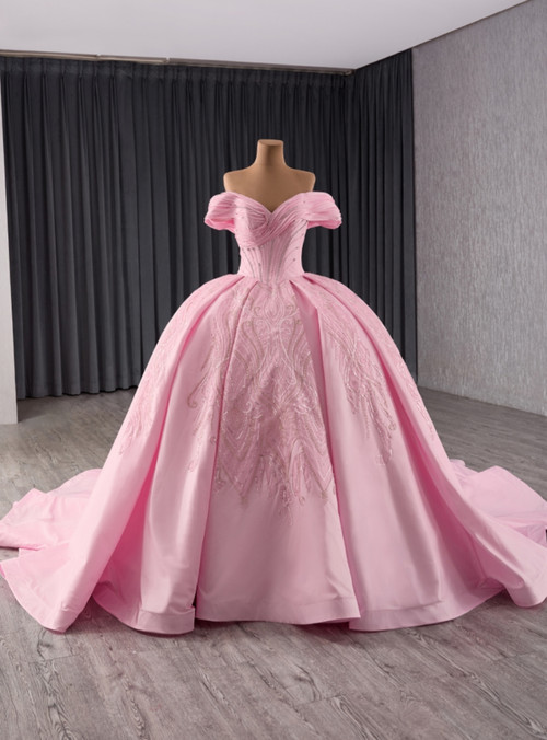 Pink Satin Off the Shoulder Sequins Prom Dress