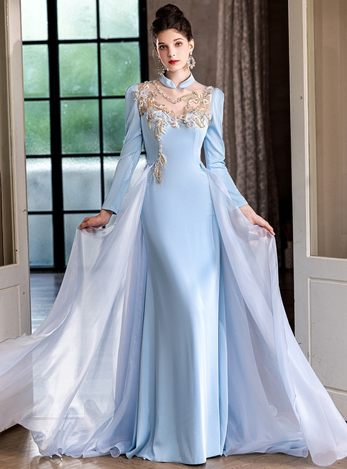 Blue Long Sleeve Beading Prom Dress