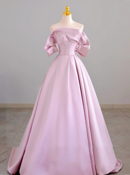 A-Line Pink Satin Off the Shoulder Beading Prom Dress