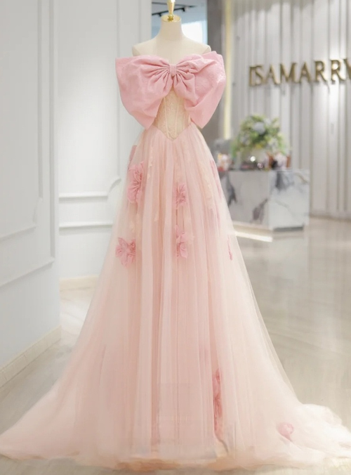 Pink Tulle Off the Shoulder Bow Prom Dress