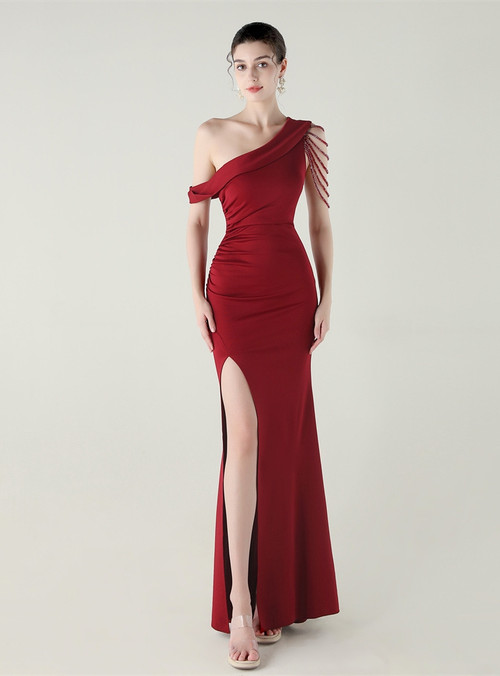 In Stock:Ship in 48 Hours High quality Burgundy One Shoulder Beading ...