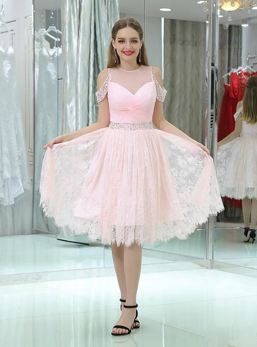 In Stock:Ship in 48 hours Ready To Ship Pink Lace Cocktail Dress