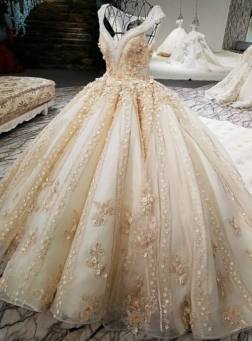 Luxury Ball Gown Champagne Backless Beading Flower Haute Couture ...