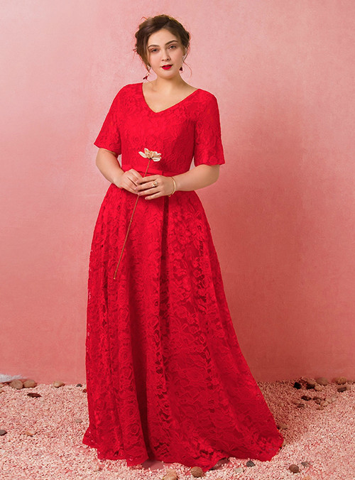 Plus Size Red Lace V-neck Short Sleeve Prom Dress