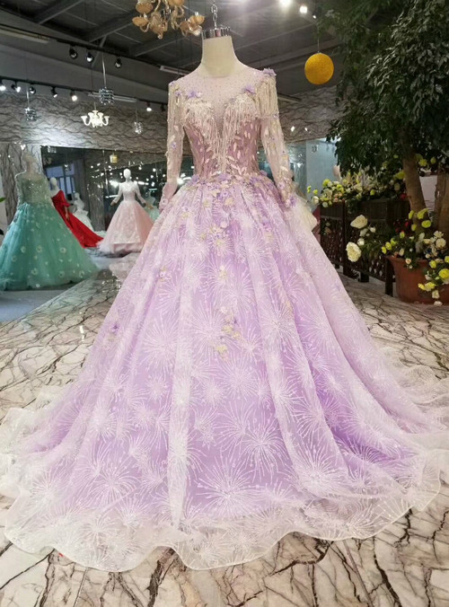 Light Purple Tulle Sequins Long Sleeve With Appliques Wedding Dress