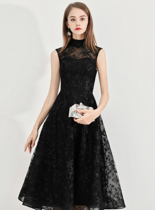 In Stock:Ship in 48 Hours Black High Neck Lace Short Prom Dress