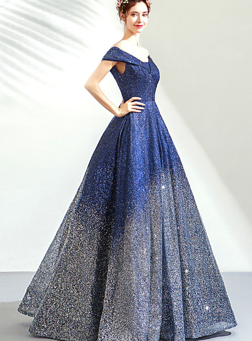 In Stock:Ship in 48 Hours Blue Silver Ball Gown Sequins Off The ...