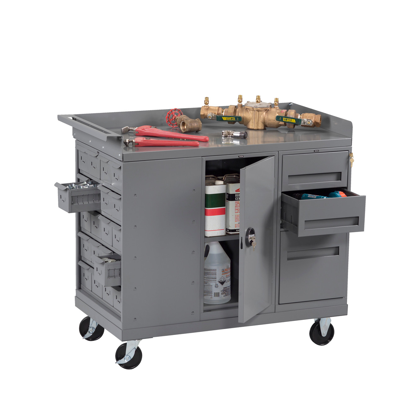 Tennsco Mobile Workbench with Cabinet and 3 Drawers and 20 Bins