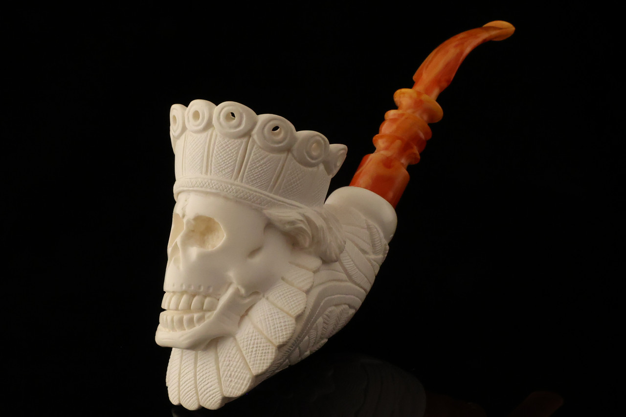 srv - Tyrant King Skull Block Meerschaum Pipe by I. Baglan with case