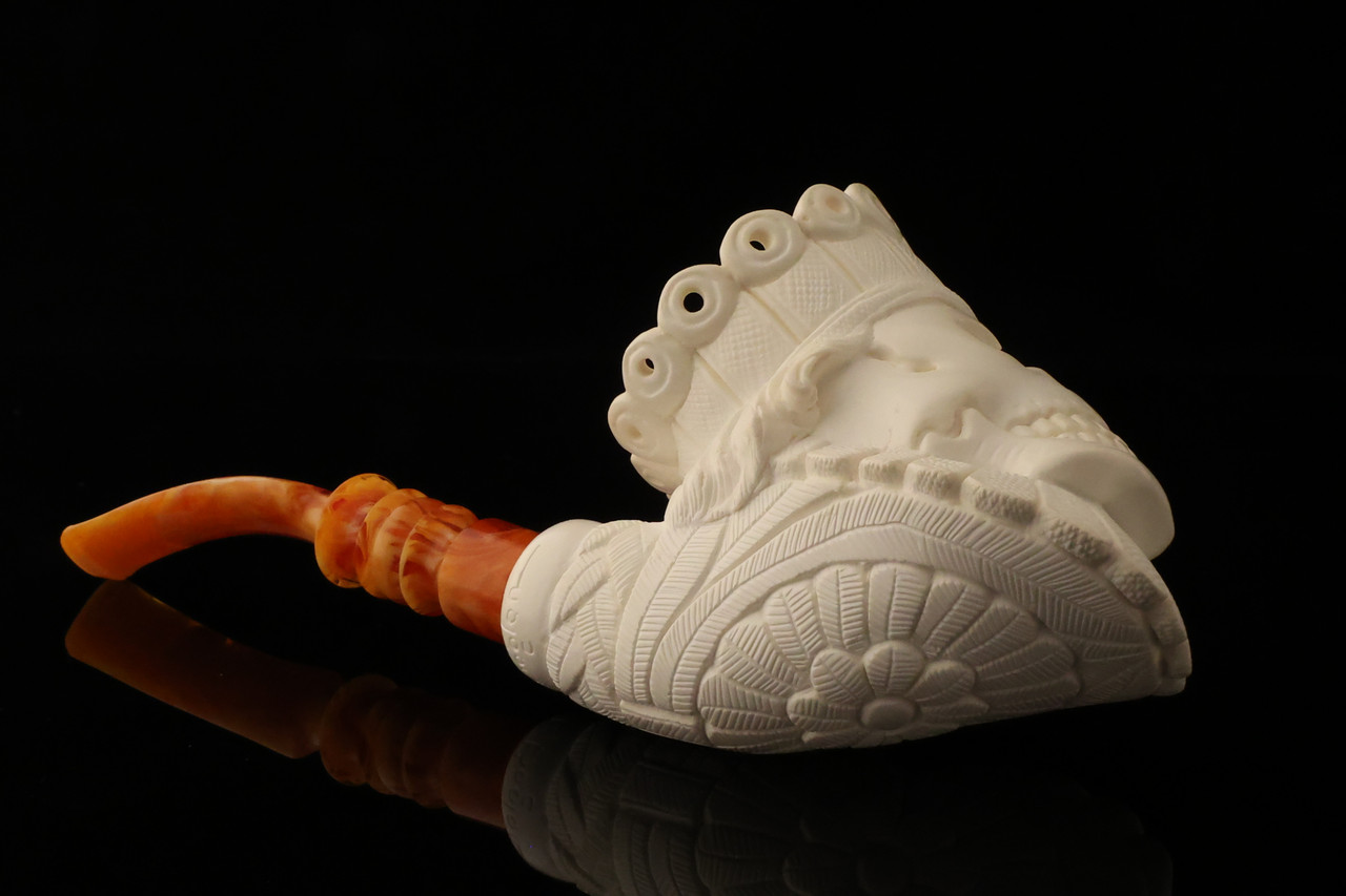 srv - Tyrant King Skull Block Meerschaum Pipe by I. Baglan with case