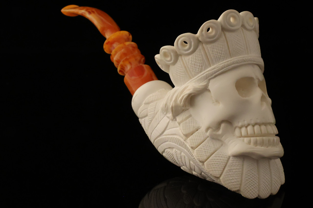 srv - Tyrant King Skull Block Meerschaum Pipe by I. Baglan with case