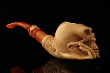 srv - Skull on Skeleton Hand Block Meerschaum Pipe with fitted case