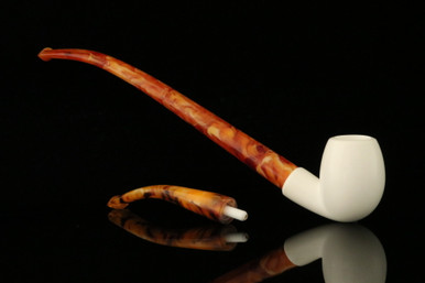 srv - Bent Apple Churchwarden Dual Stem Meerschaum Pipe with case