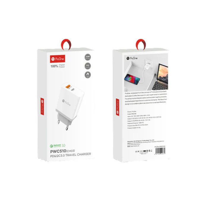 ProOne PWC510 Wall Charger USB-A, USB-C 18W