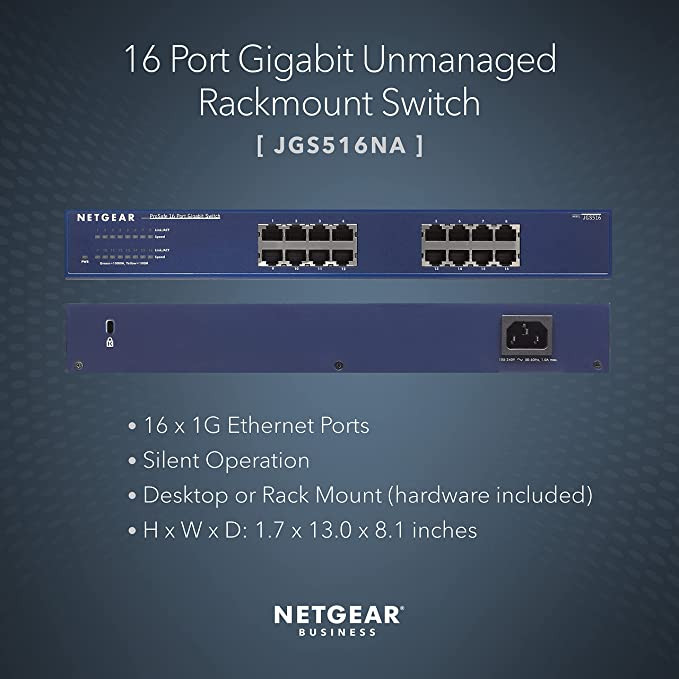 Netgear N16-Port 13" Gigabit Switch c/w Rackmount Kit - ProSafe-JGS516 ...
