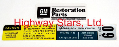 GM licensed label REPRODUCTION AC SYSTEM CHARGE LABEL WITH GM PART ...